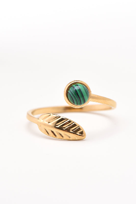 Ring gold-plated stainless steel malachite leaf — CACHET